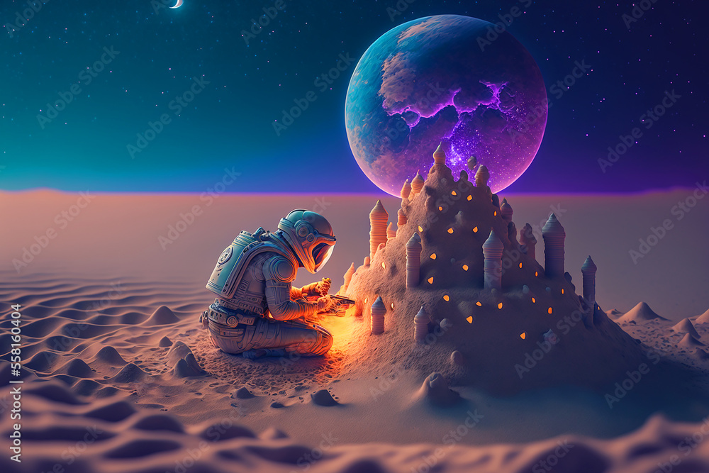 astronaut building a sand castle on a beach. Generative AI Stock ...