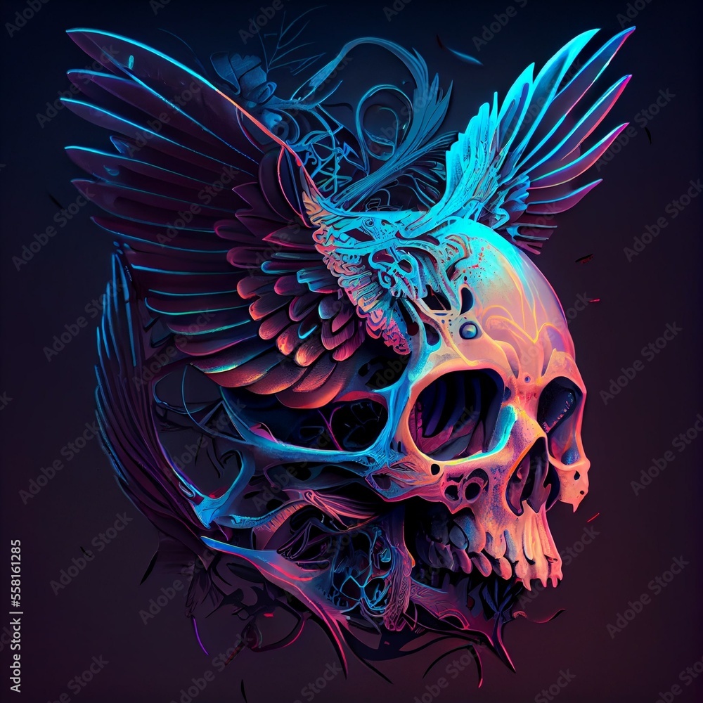 neon light detailed, lacy, ornate skull with bird wings. realistic ...