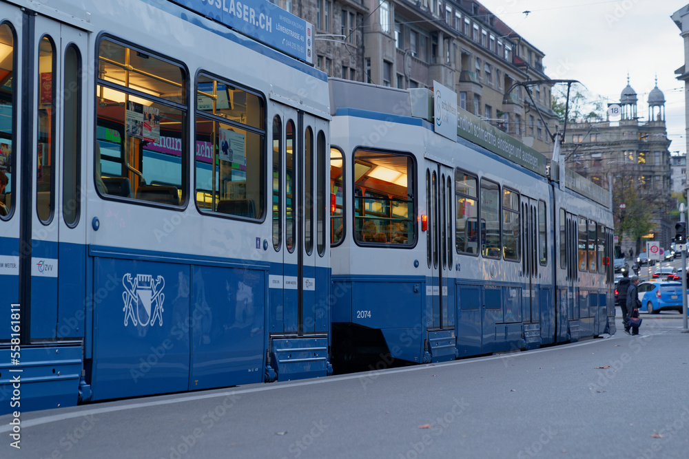 VBZ tram line 5 at Bellevue Square tram station at City or Zürich on a ...