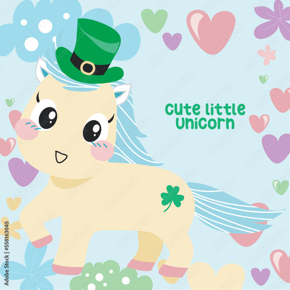 Cute little unicorn flashcard on white background. Funny fantasy ...