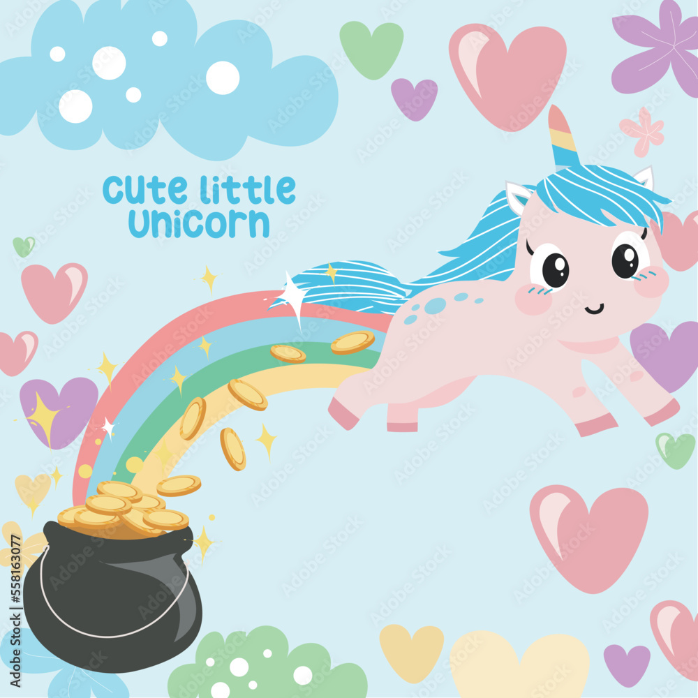 Cute little unicorn flashcard on white background. Funny fantasy ...