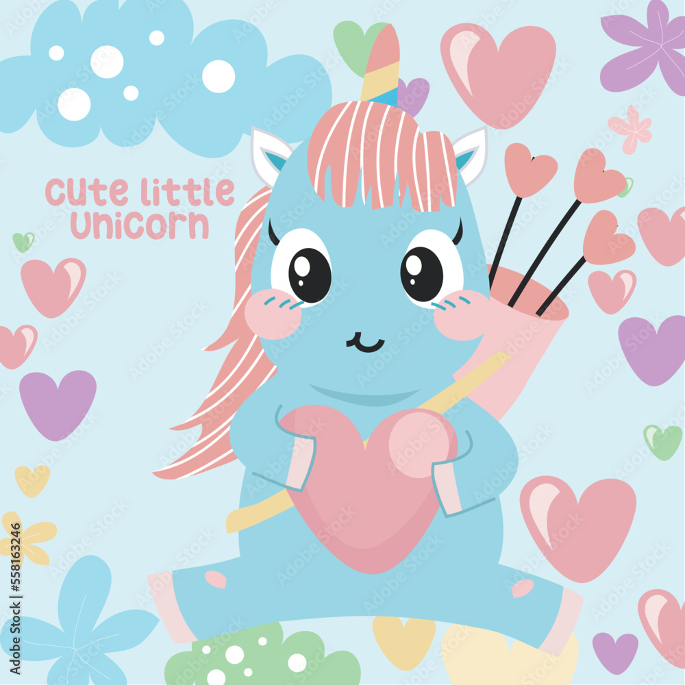 Cute little unicorn flashcard on white background. Funny fantasy ...
