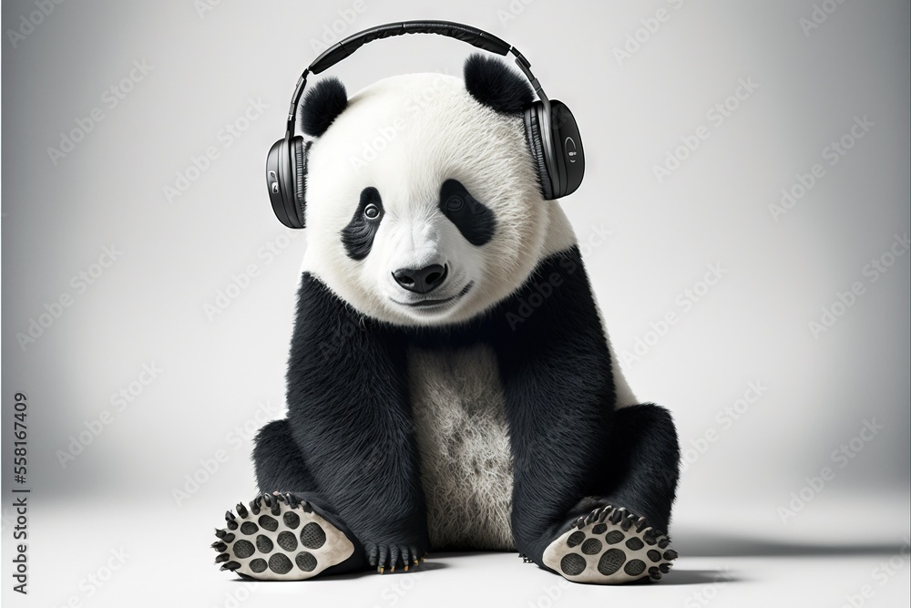 a panda bear with headphones sitting on the ground with its paws ...