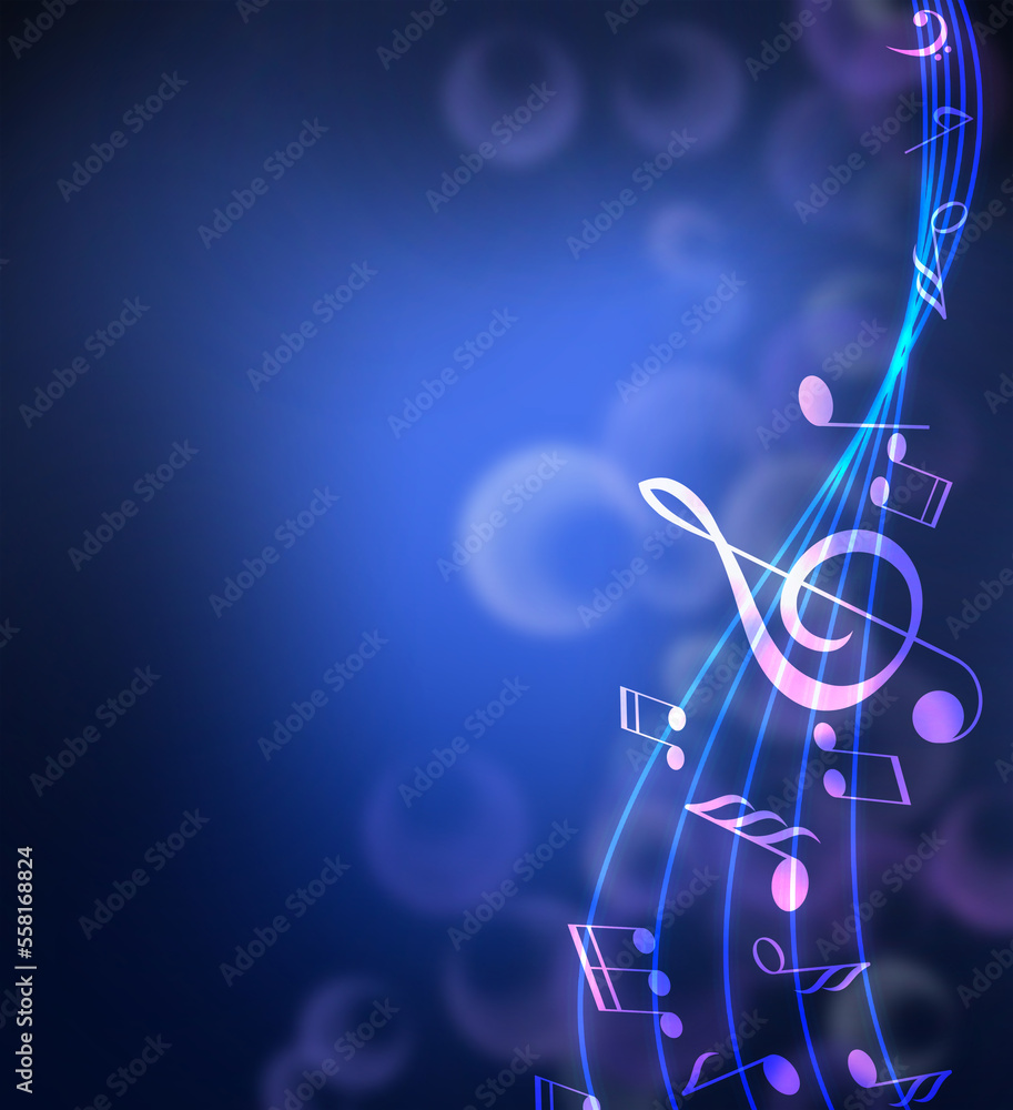 Staff with music notes and other musical symbols on color background ...