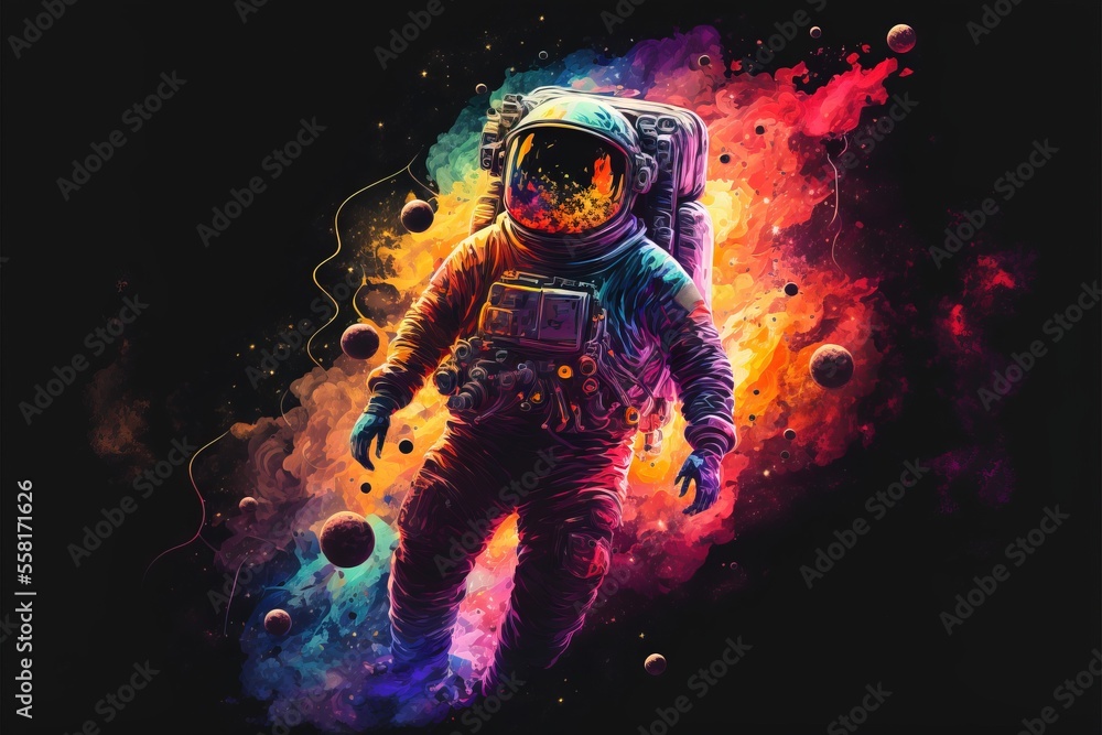 a man in a space suit walking through space with planets in the ...