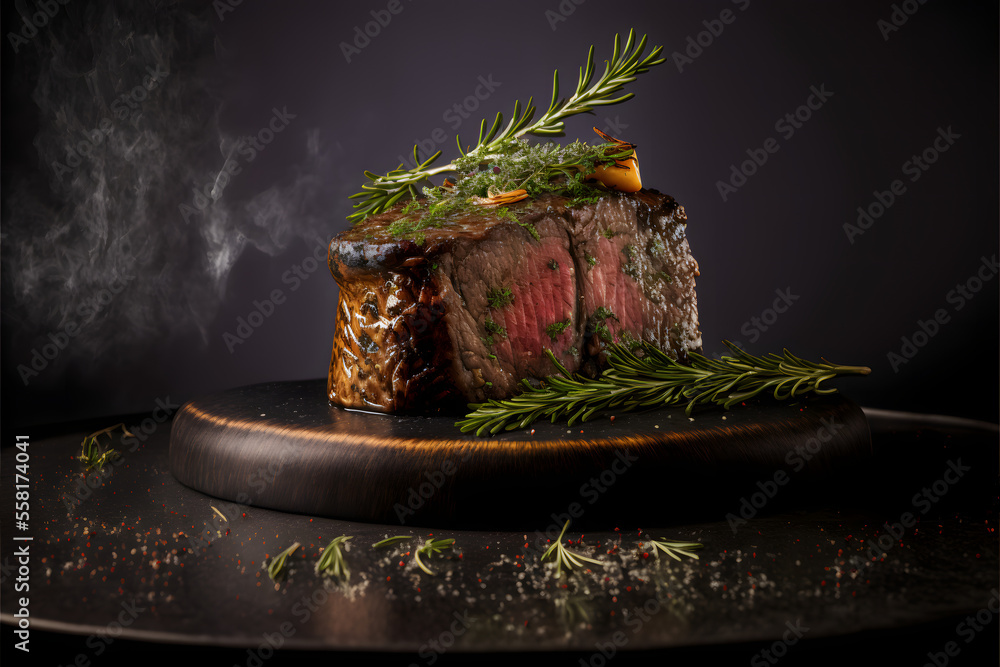 perfect medium rare juicy steak topped with rosmarin, professional food ...
