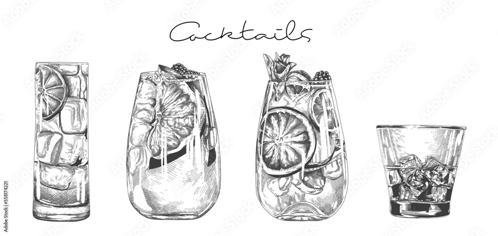 Hand drawn cocktail. Alcoholic drinks in glasses. Sketch juice ...