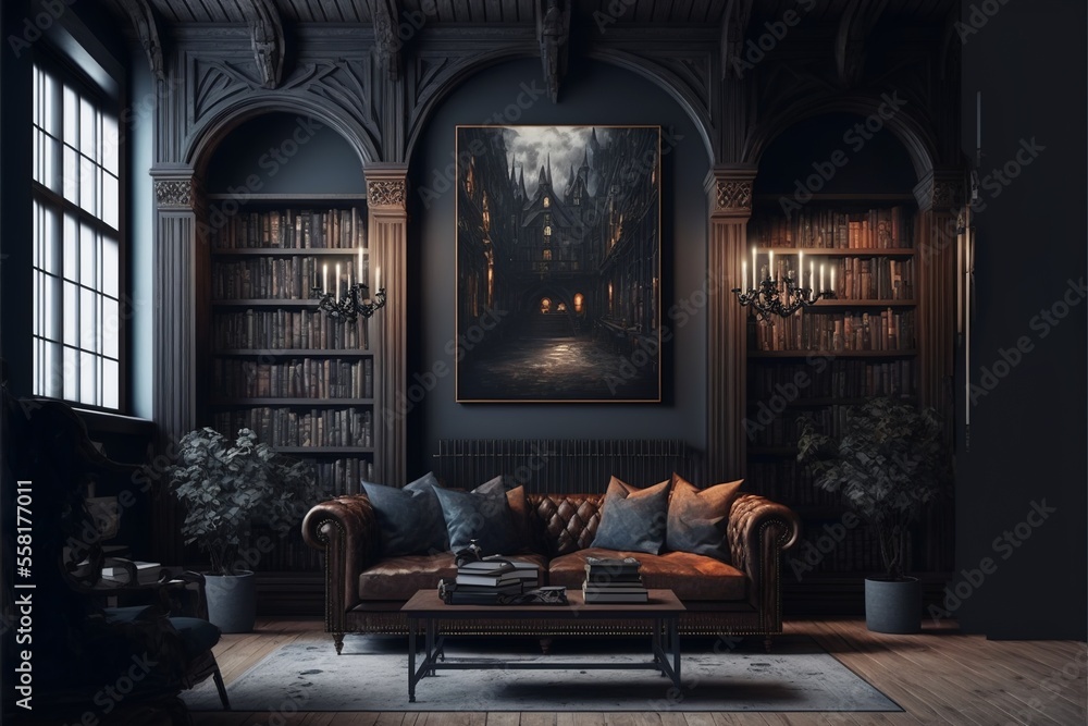 Medieval style victorian living room interior with wooden and brick ...