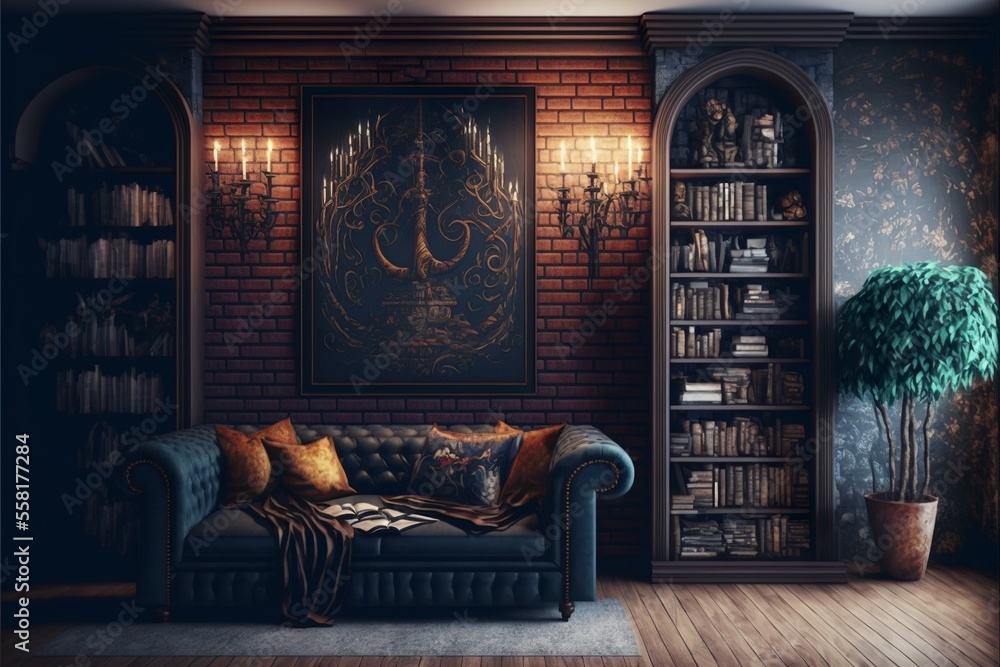 Gothic fantasy dungeon style living room interior with wooden and brick ...