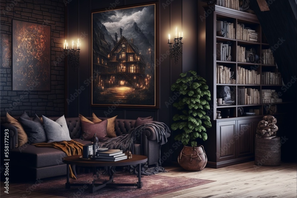 Gothic fantasy dungeon style living room interior with wooden and brick ...