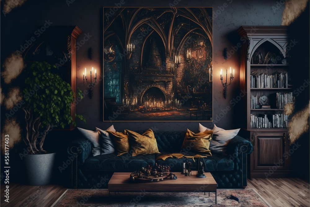 Gothic style victorian living room interior with wooden and brick wall ...