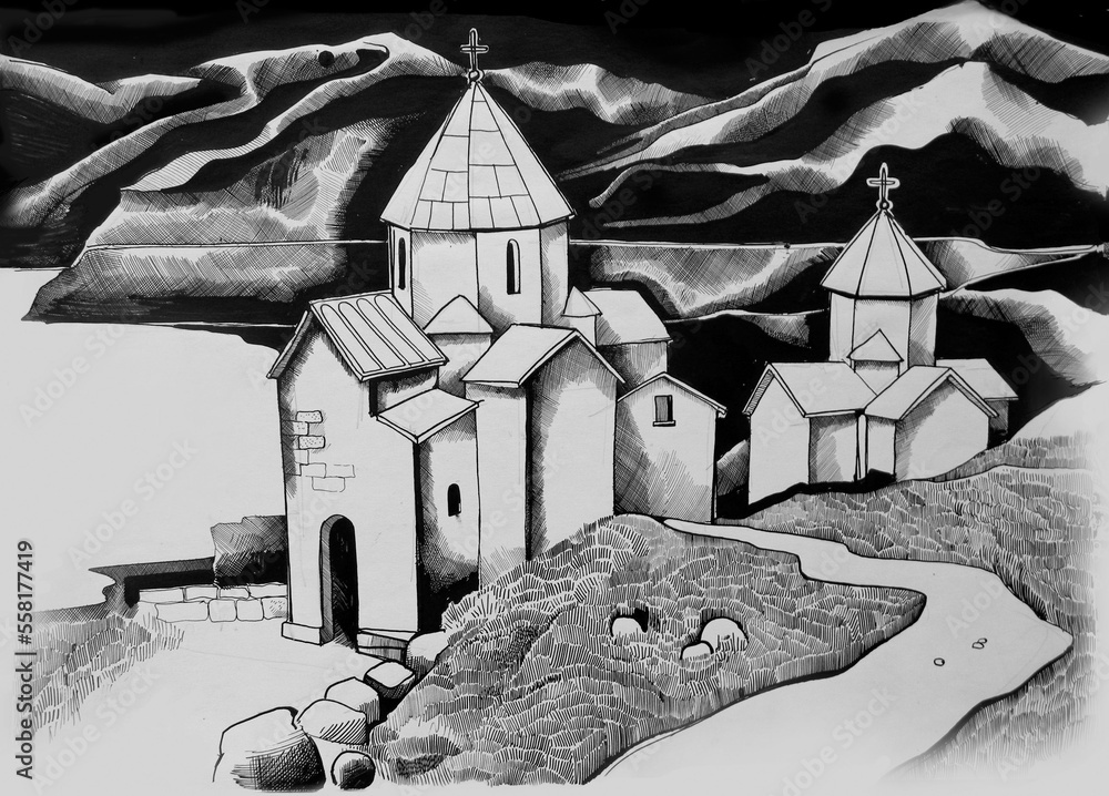 Churches of Armenia. Sketch of ancient old Armenian monastery on shore ...