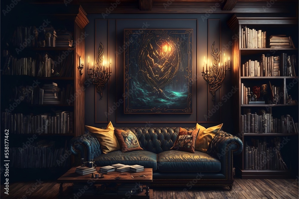 Gothic style victorian living room interior with wooden and brick wall ...