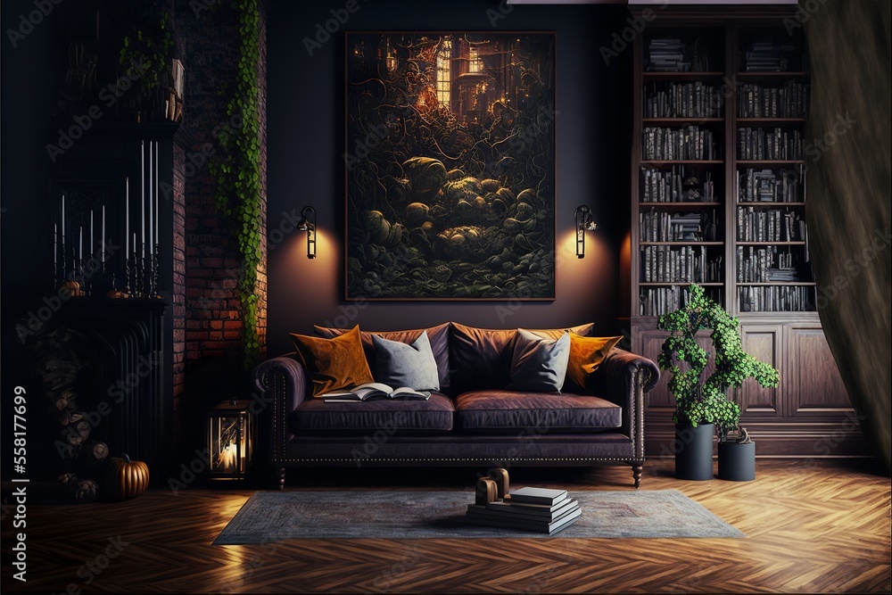 Gothic style victorian living room interior with wooden and brick wall ...