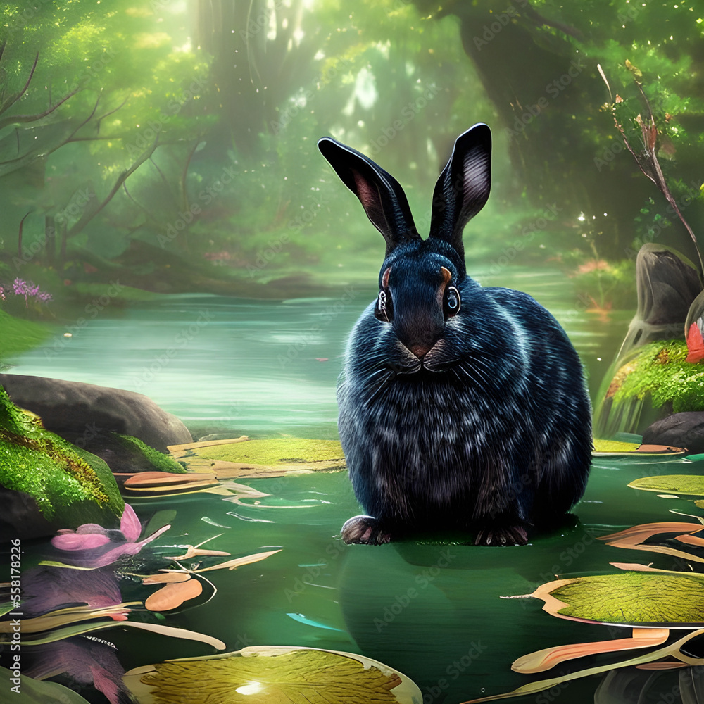 The black water rabbit is the symbol of 2023 sitting in the forest ...