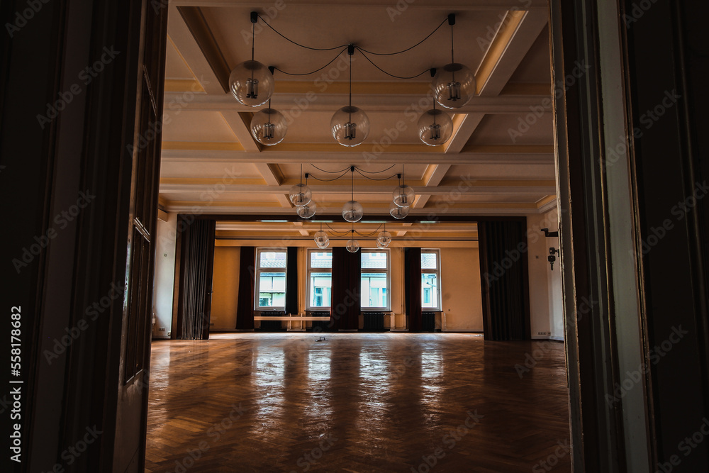 imposing dining room in an abandoned lost place. Military barracks with ...