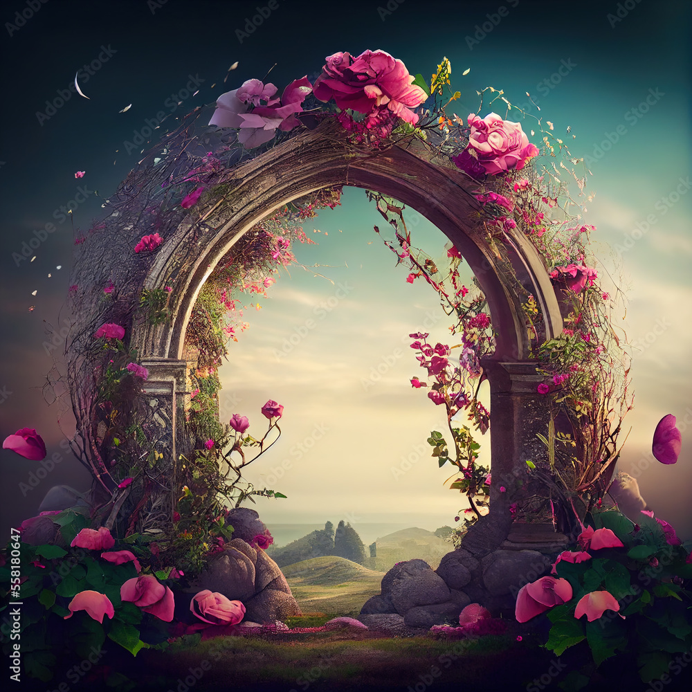 Generative AI: enchanted fairy tale arch with flowers Stock ...