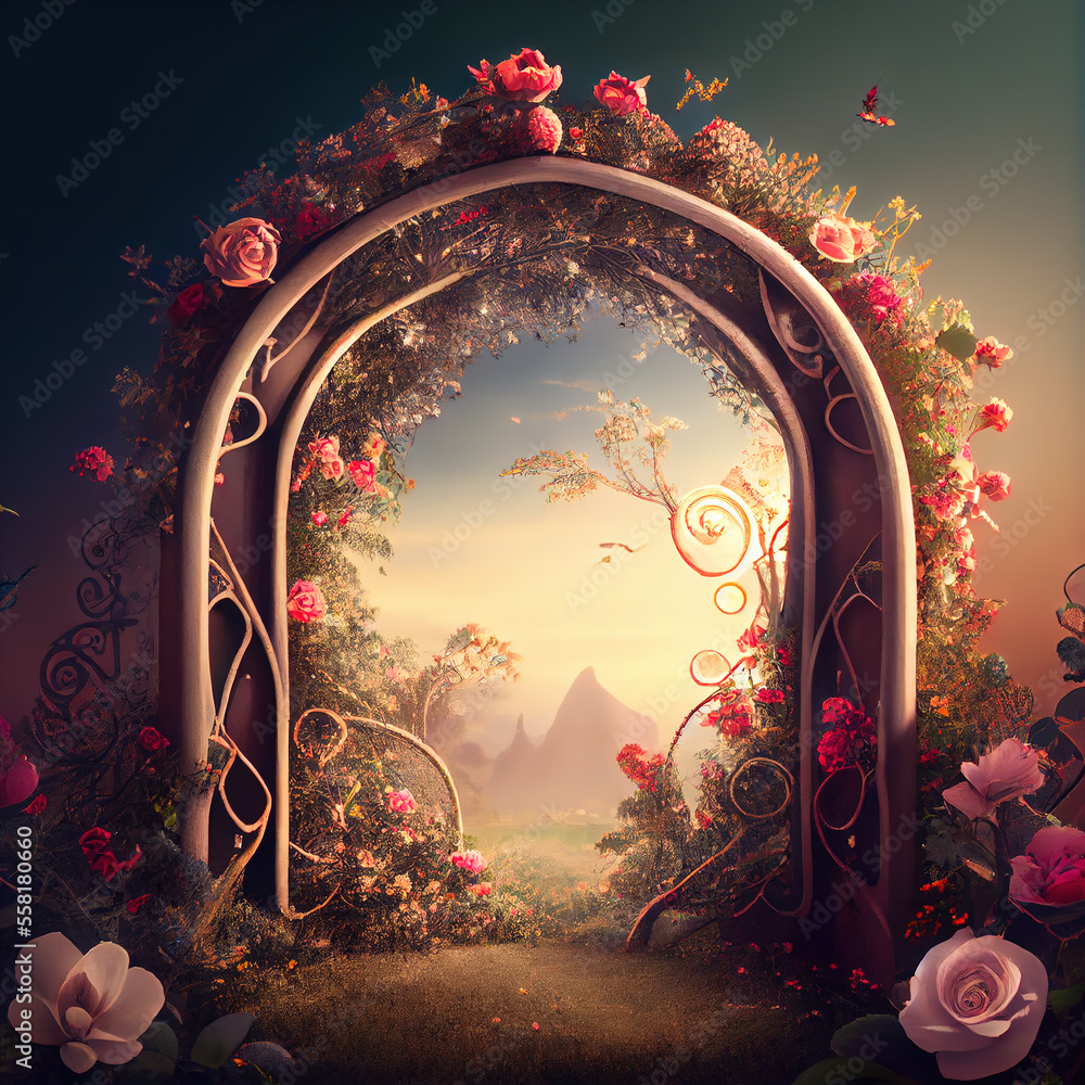 Generative AI: enchanted fairy tale arch with flowers Stock ...