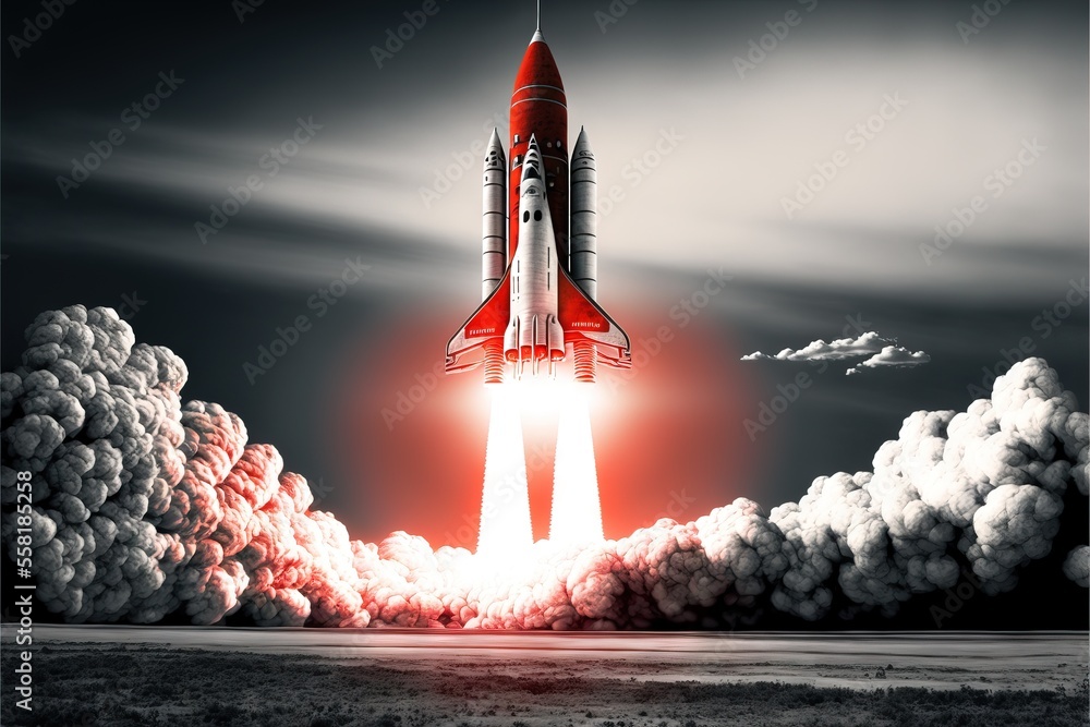 a red and white rocket taking off into the sky with smoke coming out of ...
