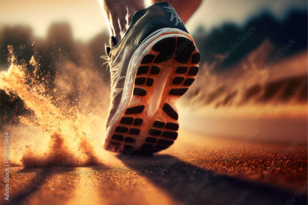 a person running on a road with dust coming out of their feet and ...