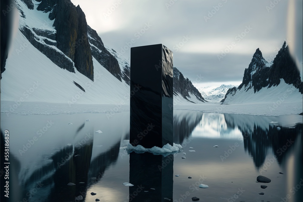 Black clean monolith in a ice landscape. Generative AI Stock ...