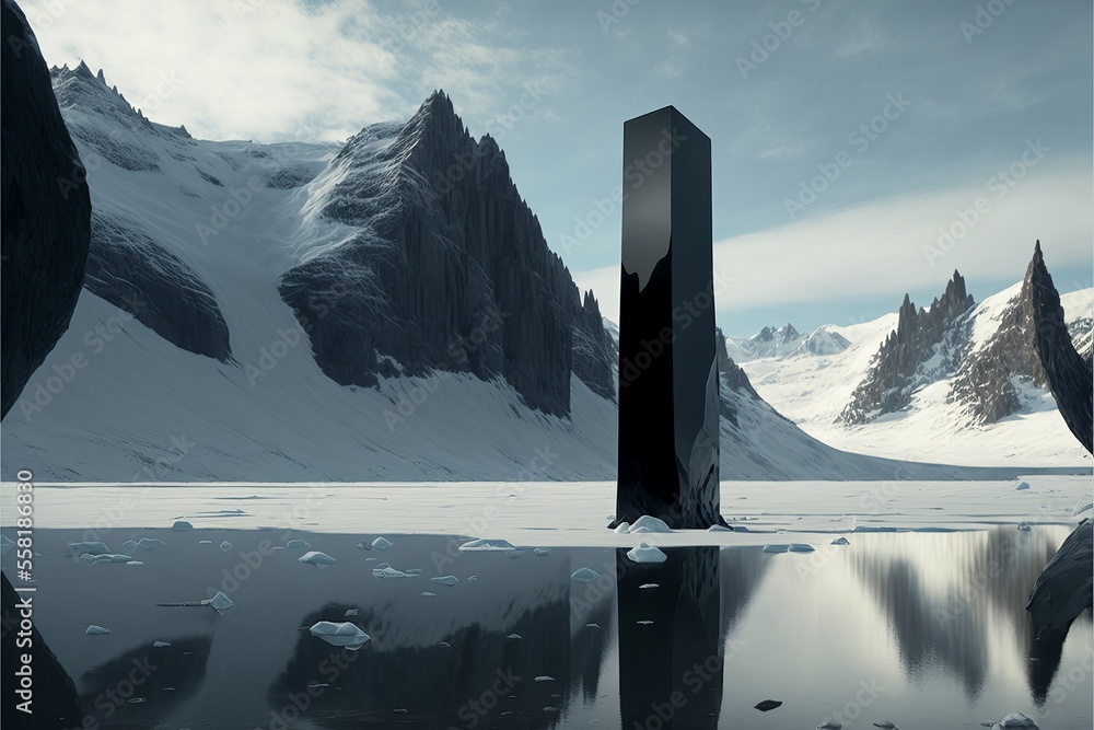 Black clean monolith in a ice landscape. Generative AI Stock ...