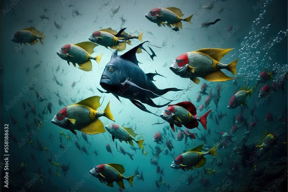 a large group of fish swimming in the ocean next to a large group of ...