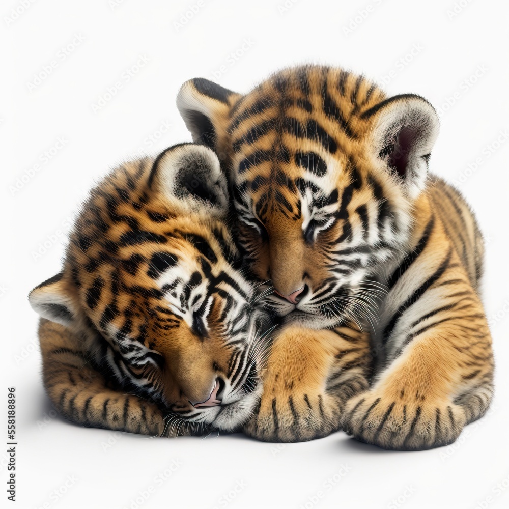 two baby tiger cubs cuddle together on a white background in front of a ...