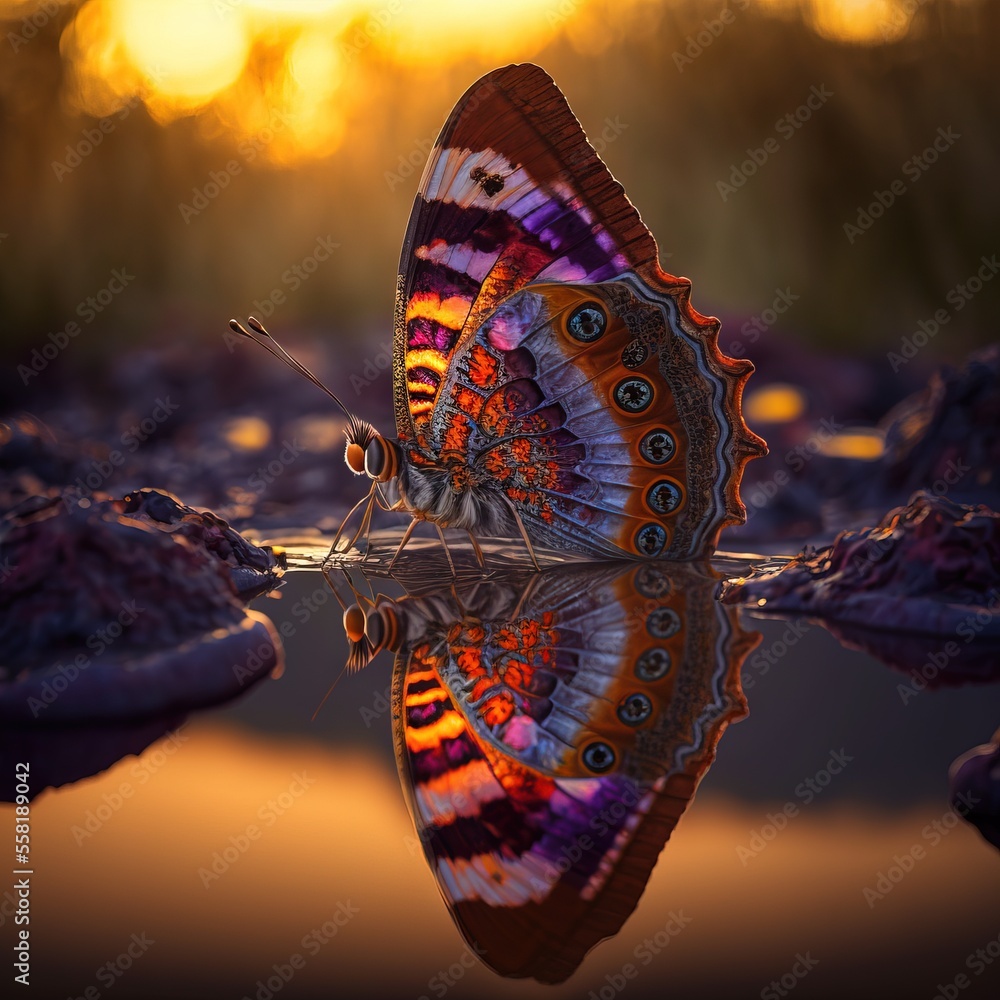 a colorful butterfly sitting on top of a body of water with a ...
