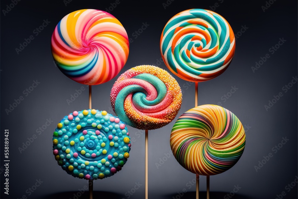 a group of lollipops sitting on top of each other on top of wooden ...