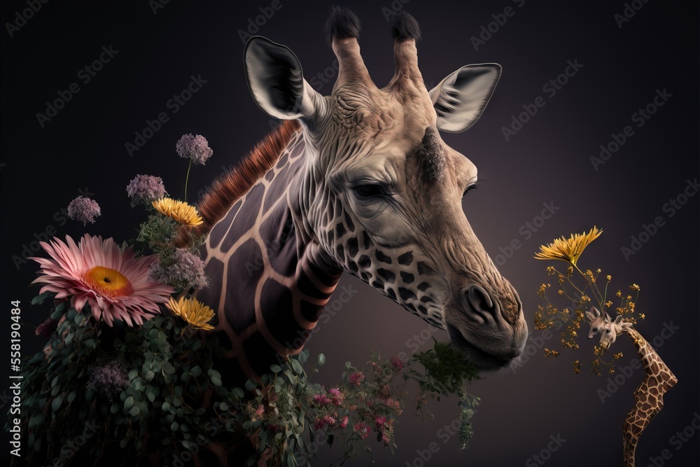 a giraffe standing next to a bunch of flowers and a giraffe eating from ...