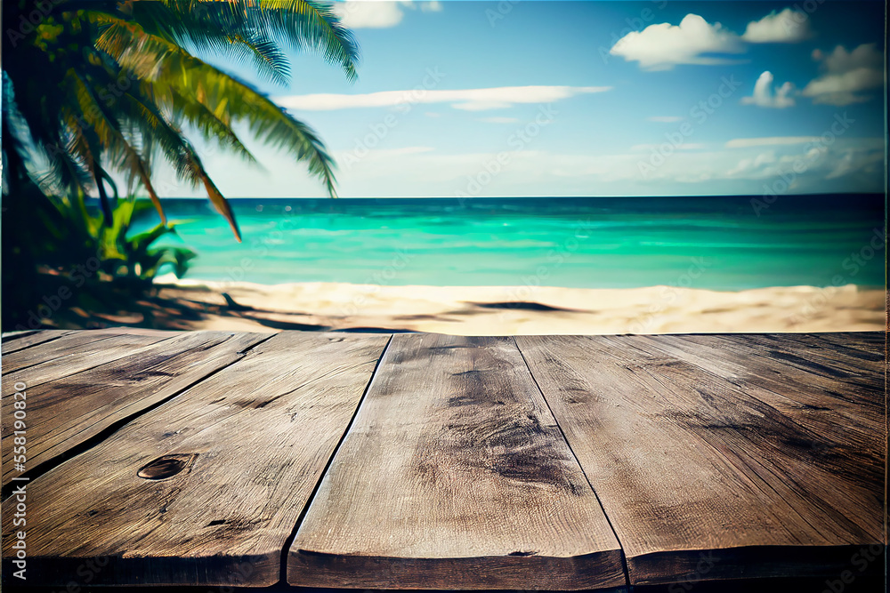 Beach background with wooden board, palm trees and the sea ideal for ...