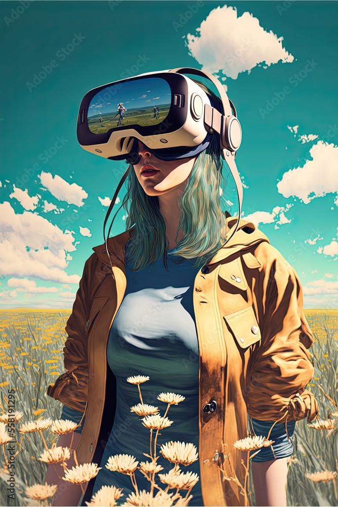 Woman with VR glasses, person in virtual reality, futuristic cartoon ...
