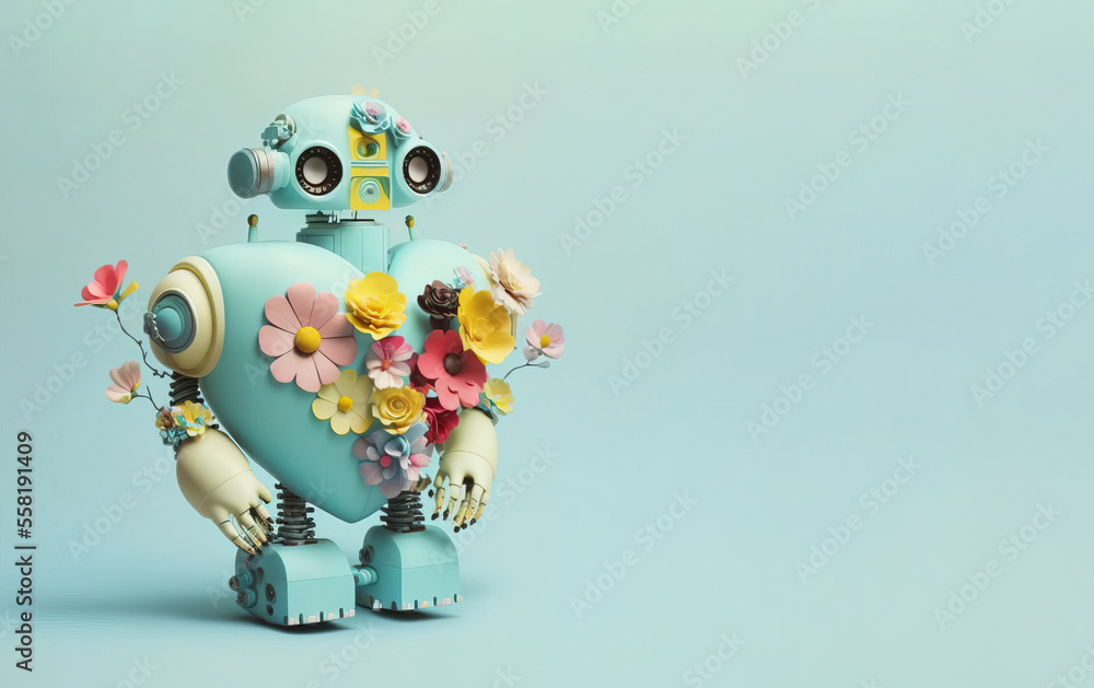 Small Spring robot, pastel colored cyborg covered with fresh flowers. A ...