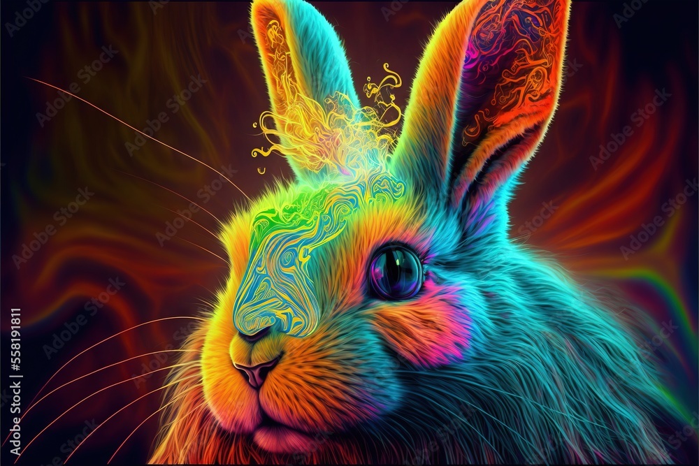 a painting of a rabbit with a psychedelic look on it's face and ears ...