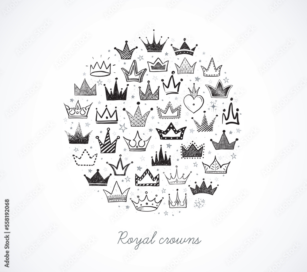 Card with doodle crowns in circle on white background. Vector sketch ...