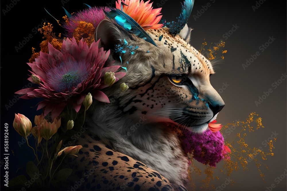 a cheetah with flowers on its head and a feather on its head is holding ...