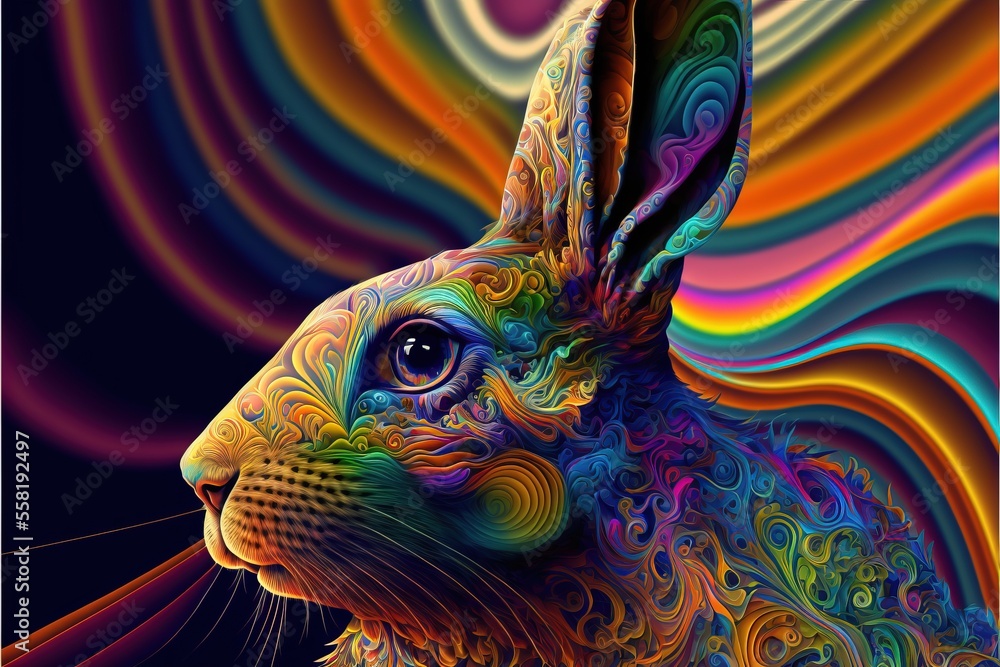 a colorful rabbit with a black background and a rainbow swirl pattern ...
