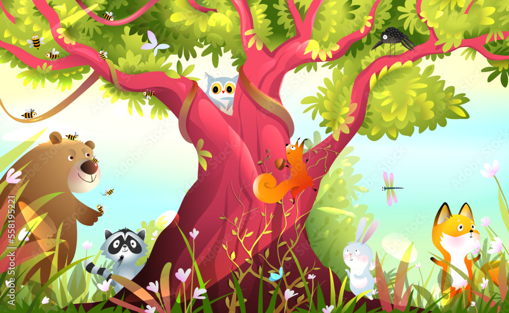 Animals in the woods, childish cartoon with cute animals and a big tree ...