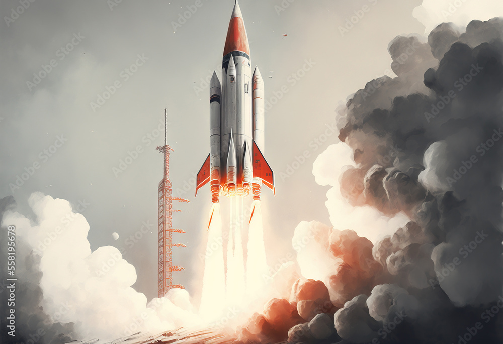 a painting of a rocket taking off into the sky with smoke billowing out ...
