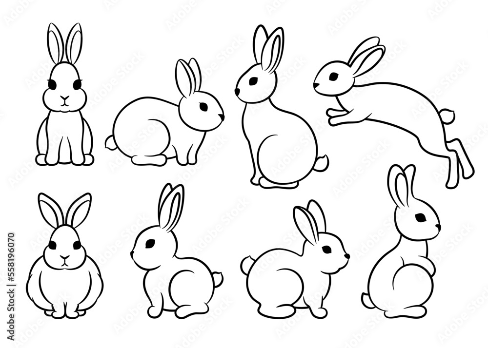 Cute rabbit outline set. Easter bunny icons line art. Spring animal ...