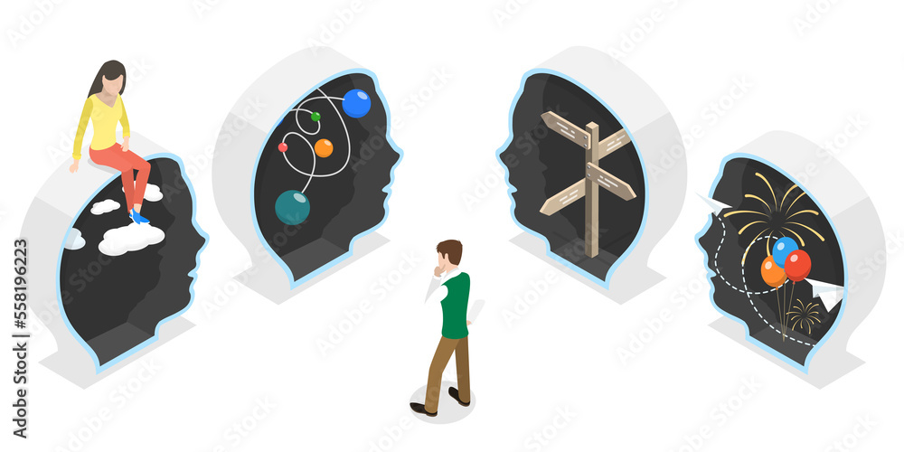 3D Isometric Flat Conceptual Illustration of Diversity Of Human Minds ...