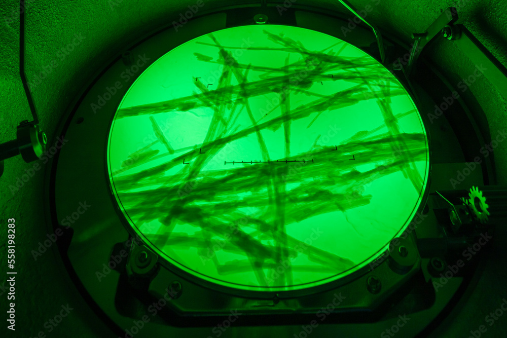 Chrysotile fibers, asbestos variety, seen on the fluorescent screen of ...