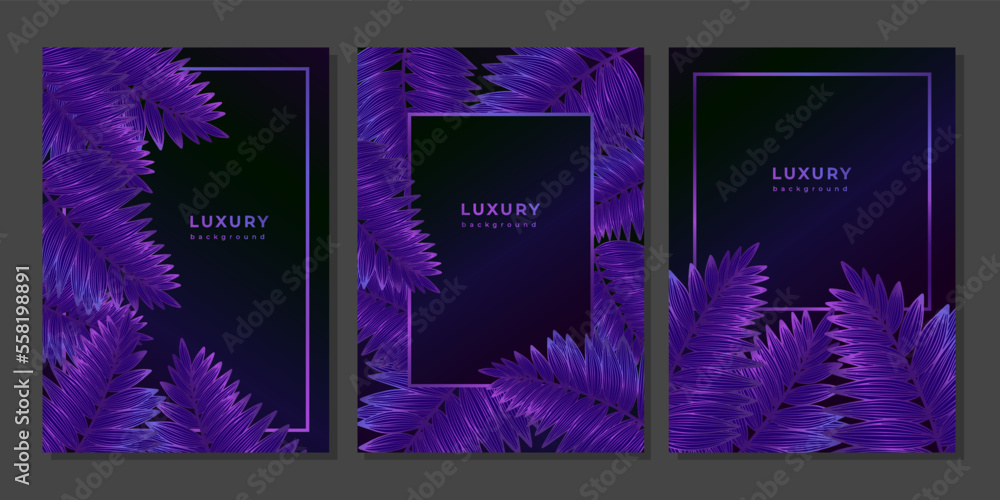 Set of luxury golden purple templates with tropical plants. Linear fern ...