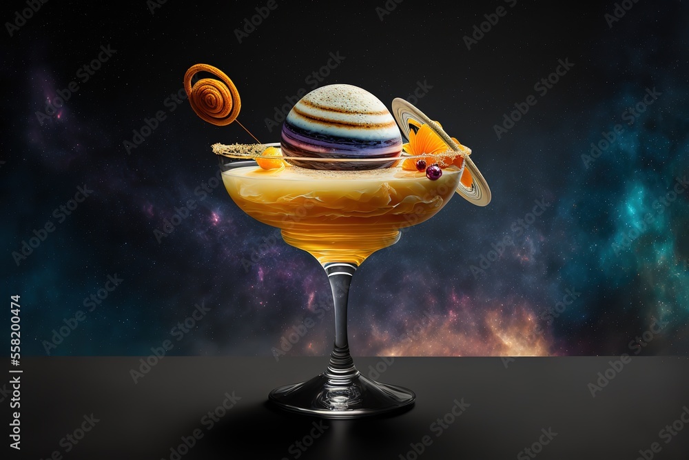 food photography, Drink inspired by the planet Saturn, awe and wonder ...