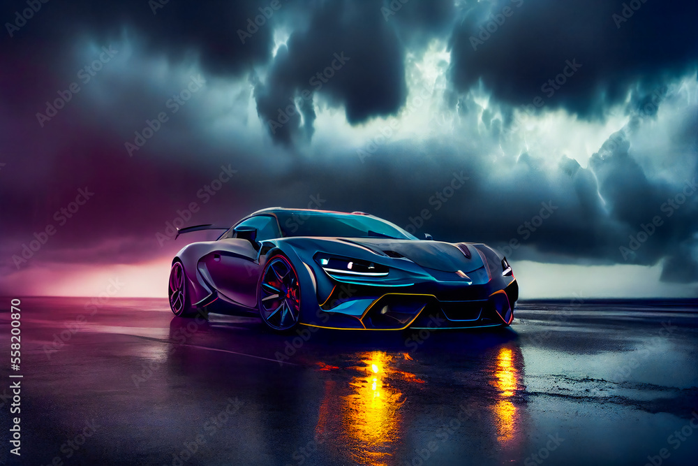 Futuristic sports car on drak dramatic cloudy environment. car riding ...