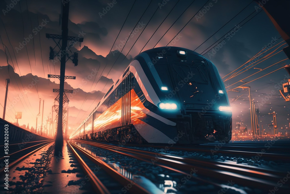 Beautiful high speed train on the railway station at sunset in summer ...