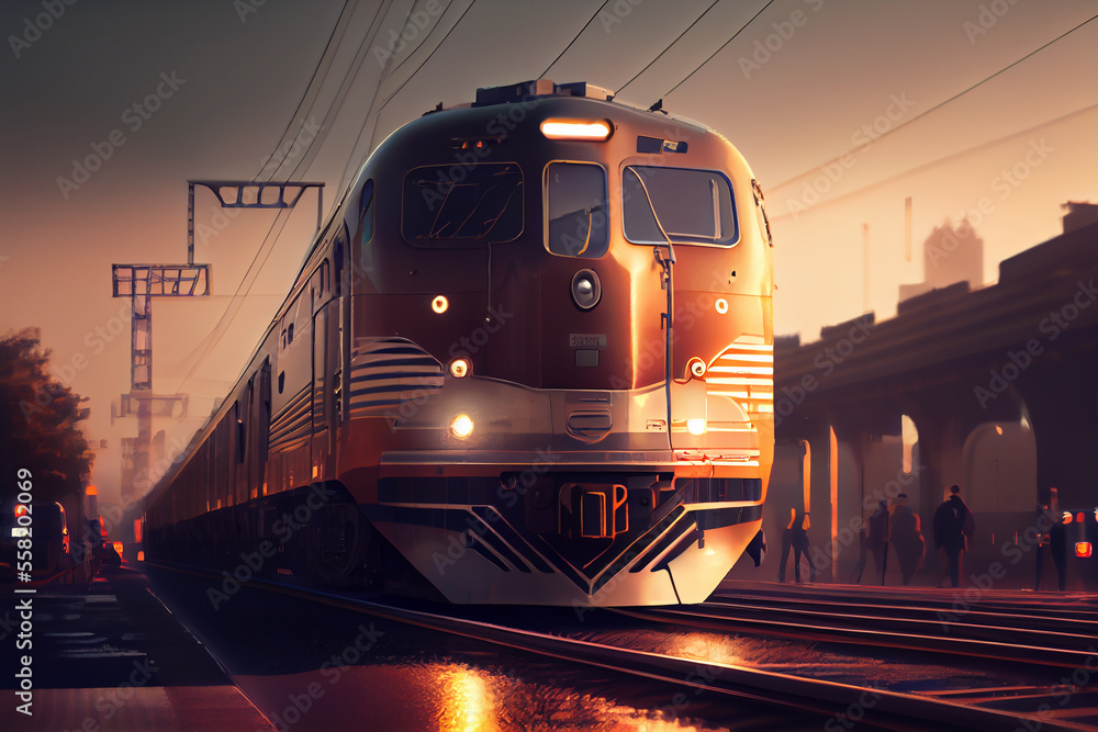 Beautiful high speed train on the railway station at sunset in summer ...