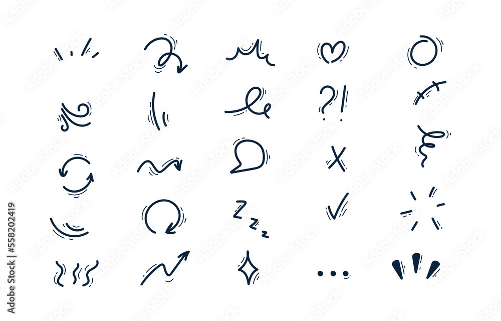 Set of hand-drawn cartoon expression sign doodle line stroke. Movement ...