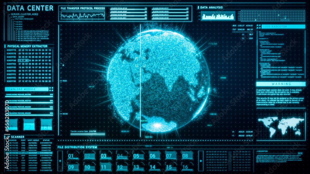 Futuristic digital cyber security data center user interface screen ...